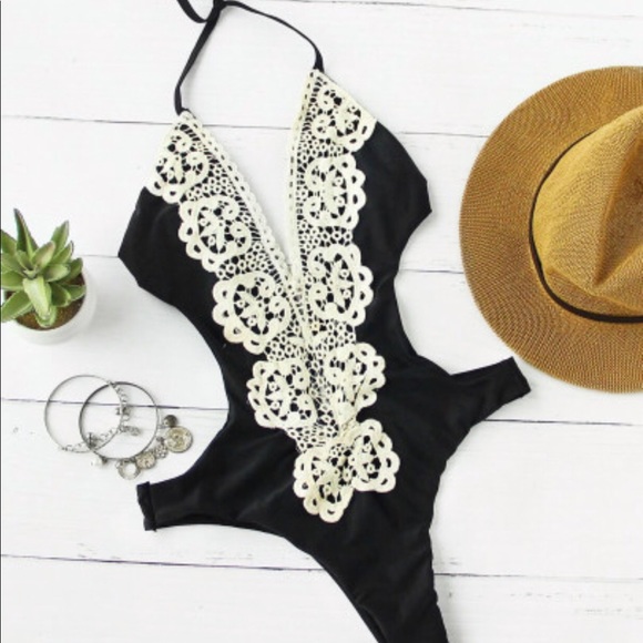Swim | Black Cut Out Monokini W Contrast Lace Deep V | Poshmark